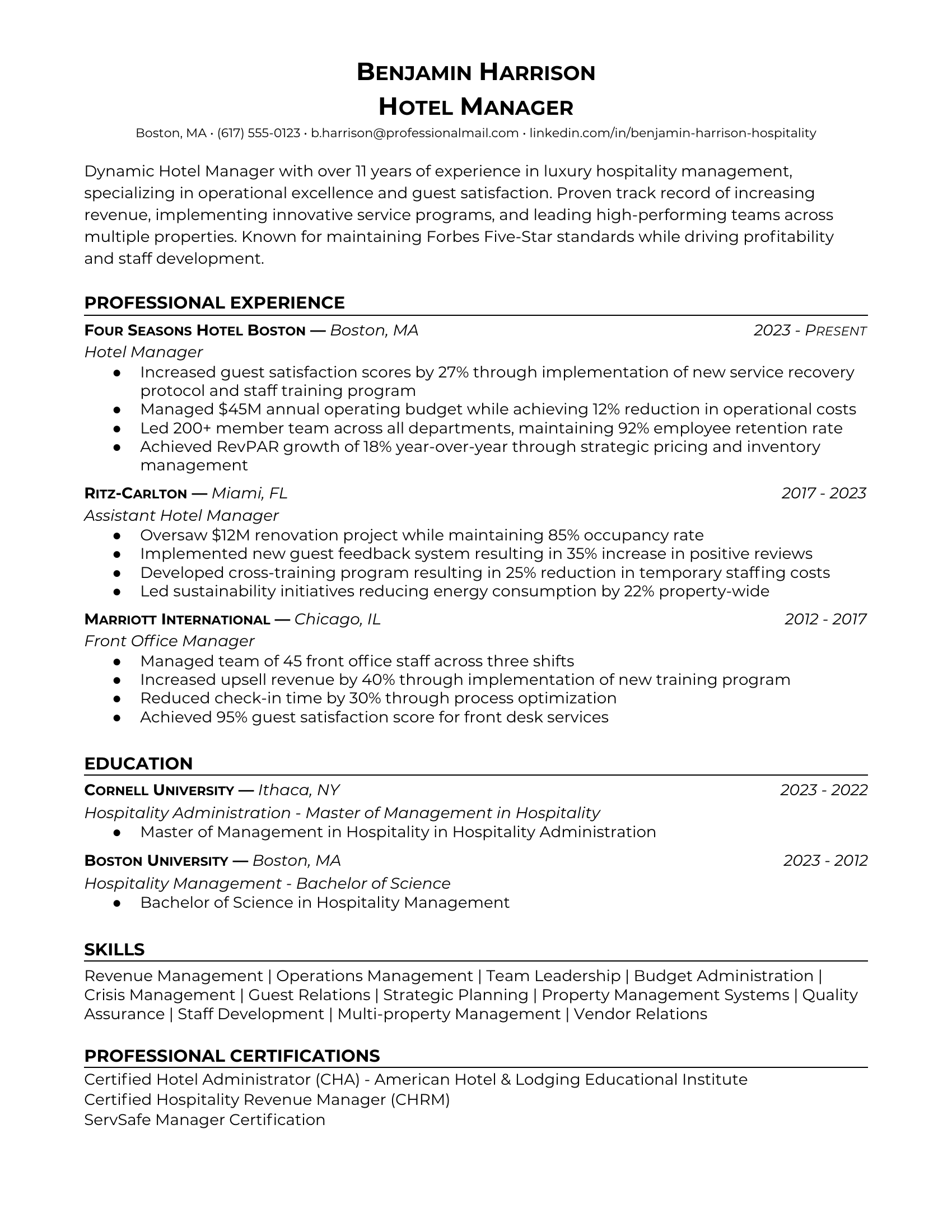 Hotel Manager in Hospitality Resume Examples & Tips for 2025 | Careerday
